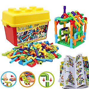 burgkidz STEM Learning Pipe Tube Toy, Sensory Toys, Tube Locks Construction Building Blocks, Educational STEM Building Learning Toys with Wheels Baseplate for All Ages Kids Boys Girls, 188 Pcs