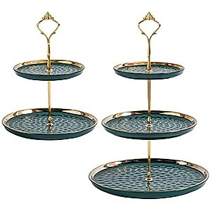 Tosnail Set of 2 Porcelain Cupcake Stand Ceramic Dessert Stand Tiered Serving Trays with Gold Rod, 3 Tiers and 2 Tiers Cake Stand Party Serving Trays Fruit Pastry Holders for Wedding and Party