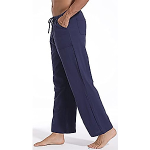 AITFINEISM Men's Casual Cotton Linen Pants Elastic Waist Lightweight Drawstring Summer Pants (42-44, B-Navy)