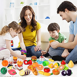 FLY2SKY 60 Pcs Play Food Toys for Kids Kitchen Pretend Play Accessories Cutting Toys Fruits Food Cake Play Set Christmas Birthday Gifts for Girls Boys Toddlers Learning Toys with Storage Bag