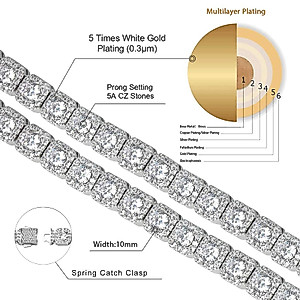 JINAO 10mm Silver Cluster Iced Out Jumbo Tennis Necklace Chain 18k Gold Plated Iced Out Cubic Zirconia Lab Simulated Diamond Square Halo Necklace Tennis Link Chain for Men Women (White Gold, 22)