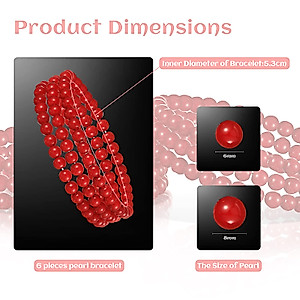 Hicarer 6 Pieces Faux Pearl Bracelet Set Stretch Bracelets Bridal Dancing Party Jewelry for Women(Red)
