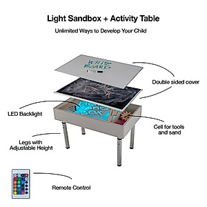 Light Sandbox All-in-1: Activity Table + Sensory Table + Light Table + Sand Box + whiteboard + Chalk Desk. Includes: Cover, Color Controller, Sand and Trowel, Legs with Adjustable Height