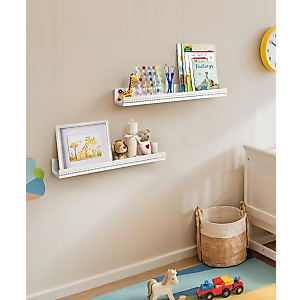 Mazjoaru White Floating Shelves 24 inch for Wall Set of 2, Long Floating Shelves Wall Book Shelf with Lip, Wall Mount Shelf with Wood Beads for Bedroom Bathroom Nursery Living Room