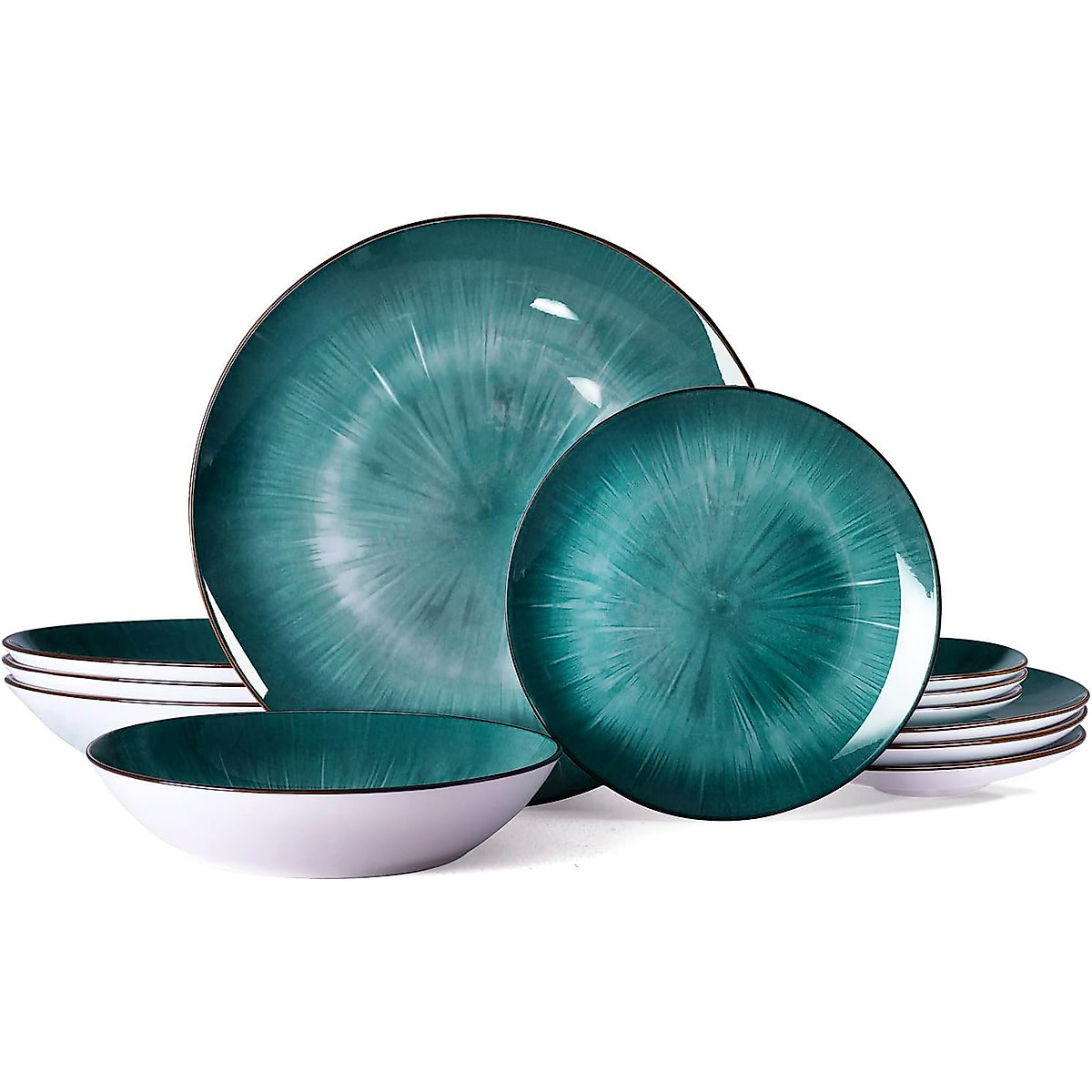Bestone 12 Piece Round Kitchen Dinnerware Set,Plates and Bowls sets,Dishes, Plates, Bowls, Dish Set，Plates and Bowls,Service for 4, Chip Resistant Porcelain，Starburst Turquoise green