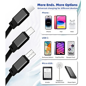 GLOGO 3 in 1 Retractable Charging Cable [3A,3FT] Multi USB Cable Fast Charger Cord for Phone, Samsung, iPad, Tablets, Switch and More (Black)