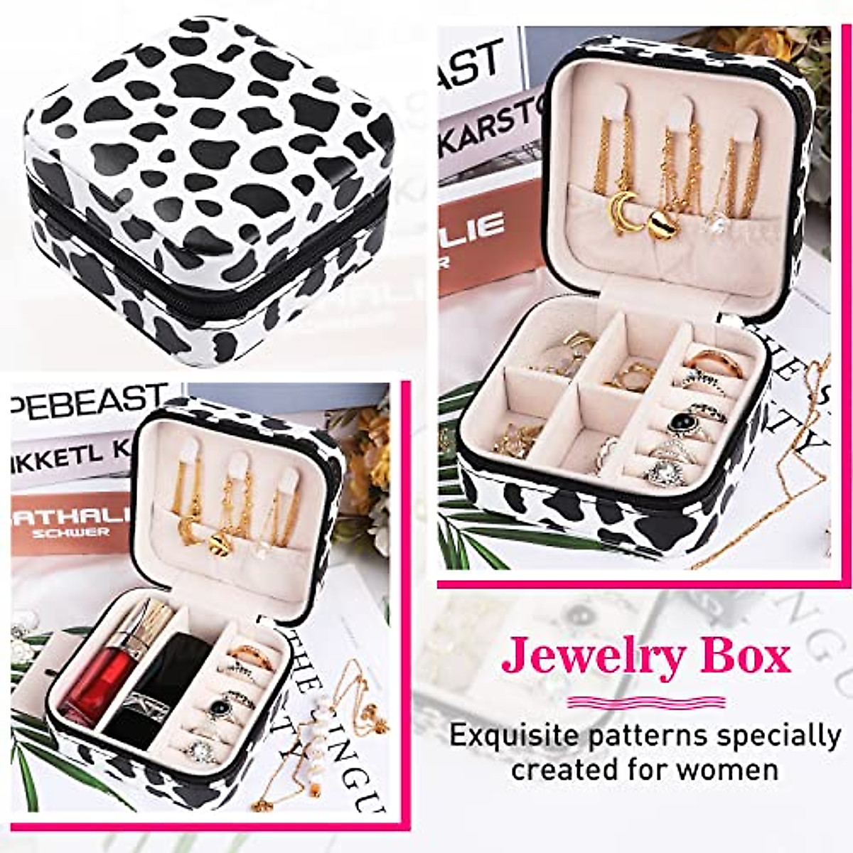 ENONCI Travel Jewelery Case with Cow Print, Travel Essentials for Women Portable Small Jewelry Box, Mini Travel Jewelry Organizer, for Ring, Earring, Necklace, Bracelet Organizer for Girls Women
