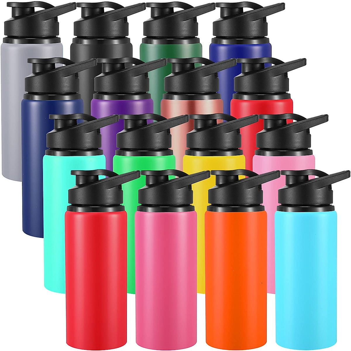 Yinder 16 PCS 20oz Aluminum Water Bottle Bulk Multicolor Reusable Sports Bottle with Snap Lids Multipack Vacuum Water Flask for Travel Camping, Picnics, Gym, Hiking, Cycling, Fishing