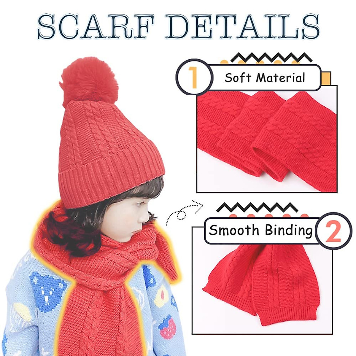 Kids Winter Hat Scarf Mittens Set Toddler Knitted Beanie Girls Fleece Children Neck Warmer Boys Warm Gloves 2-7 Years (Red)