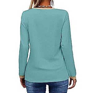 Dyexces Womens Long Sleeve T Shirts Casual V Neck Color Block Tunic Tops Loose Basic Top Lake Green