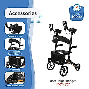 So Lite Glide Backsaver Rollator Walker - Upright Walkers for Seniors with Seat and Armrest - Stand Up Rolling Walker (Black)