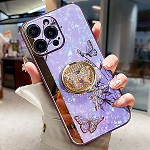 AMAZFCCY iPhone 13 Pro Max 6.7'' Kickstand Case, [Upgraded Metallic Paint] Cute 3D Butterfly Bling Glitter Luxury Rhinestone Hard Back Soft TPU Bumper for Apple iPhone 13 Pro Max 2021 (Purple)
