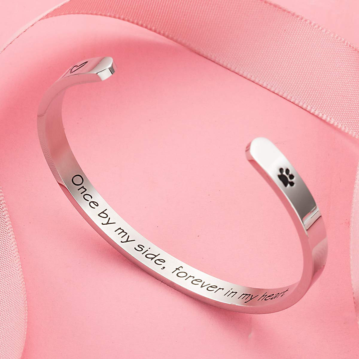 Raysunfook Once by My Side Forever in My Heart Pet Sympathy Gift Bracelet Pet Remembrance Jewelry Dog Memorial Cuff Loss of Pet Gifts (Bangle - Once by my side, forever in my heart)