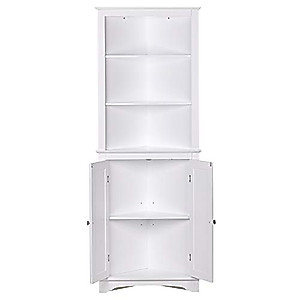 Spirich Home Tall Corner Cabinet with Two Doors and Three Tier Shelves, Free Standing Corner Storage Cabinet for Bathroom, Kitchen, Living Room or Bedroom, White
