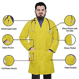 HEEDFIT Premium Quality Unisex Lab Coat, Comfortable Poly-Cotton Reusable & Professional Lab Coats Yellow L