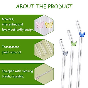 Clear Glass Straws with Design, 6Pcs Reusable Straws, Butterfly Glass Straw Shatter Resistant with 2 Cleaning Brush, Cute Straws with Charms Butterfly, Bent Drinking Straws for Smoothies Juice