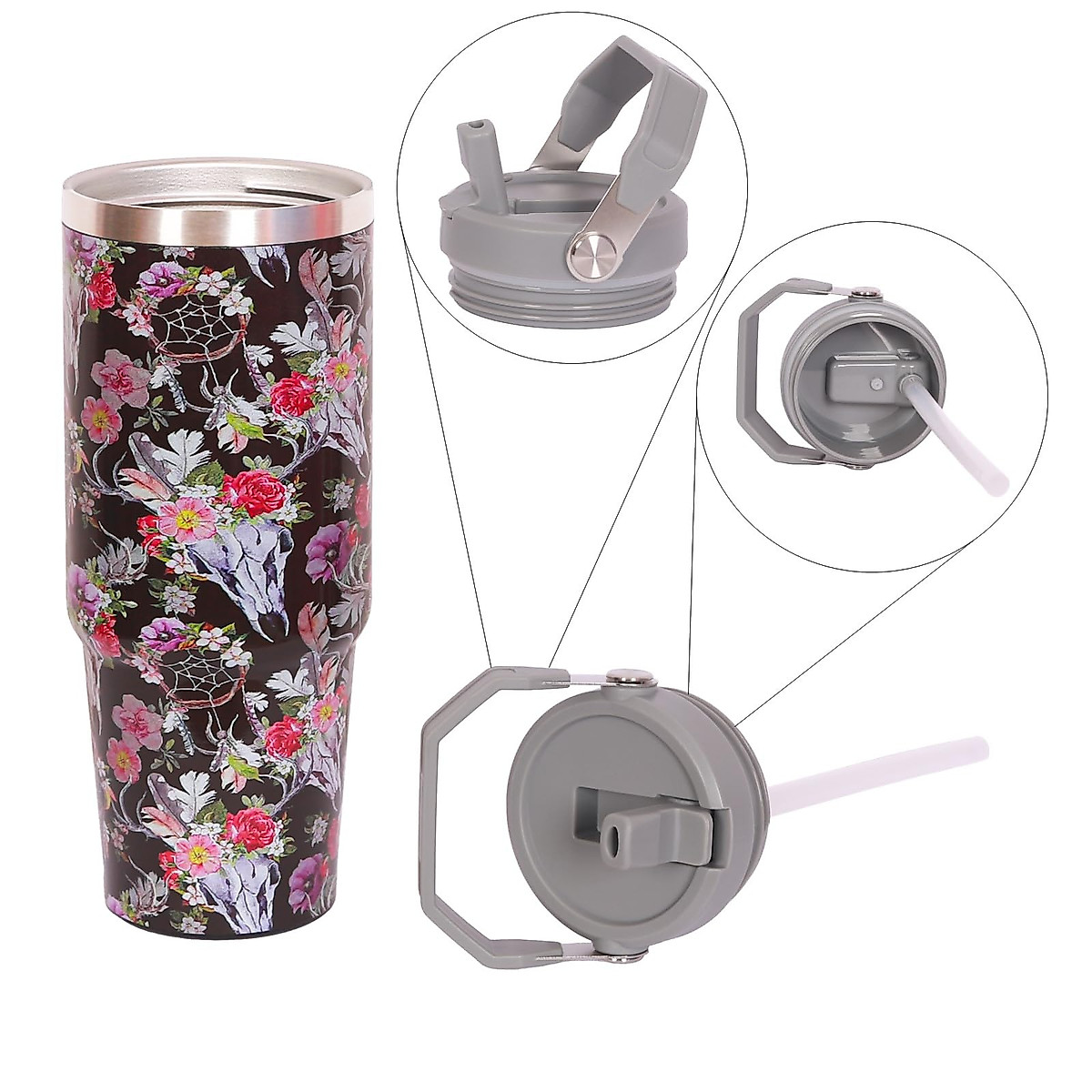 JIU HONG CHAO 30 oz Cow Skull flower Travel Tumbler with Straw Lid, Stainless Steel Floral Travel mug with Handle Insulated Cup West Mother's Day Gifts for Women Mom (Black Bullskull, 30 OZ)