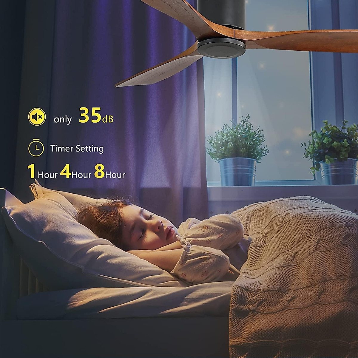 CACI Mall 52 Inch Ceiling Fan with Remote Control, Low Profile Flush Mount Ceiling Fan without Light, 3 Walnut Wood Ceiling Fan No Light, Noiseless Reversible ETL DC Motor with Timer