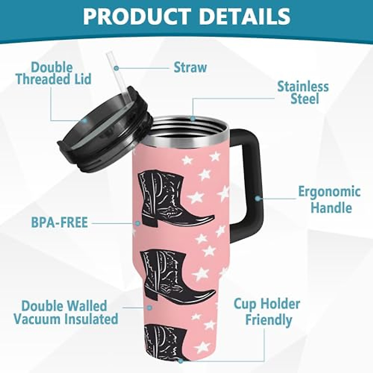 Flradish 40oz Tumbler with Handle, Beautiful Cowboy Boots Stainless Steel Tumbler with Lid and Straws Double Wall Vacuum Insulated Leakproof Coffee Travel Mug