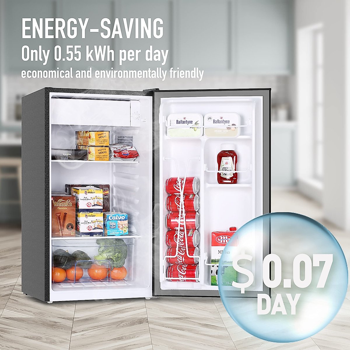 Compact Fridge 3.2 CU.FT. Mini Dorm Refrigerator Small Fridge with Freezer, 37 dB Low Noise, Adjustable Temperature, Reversible Door, for Home Office Dorm or RV (Black)