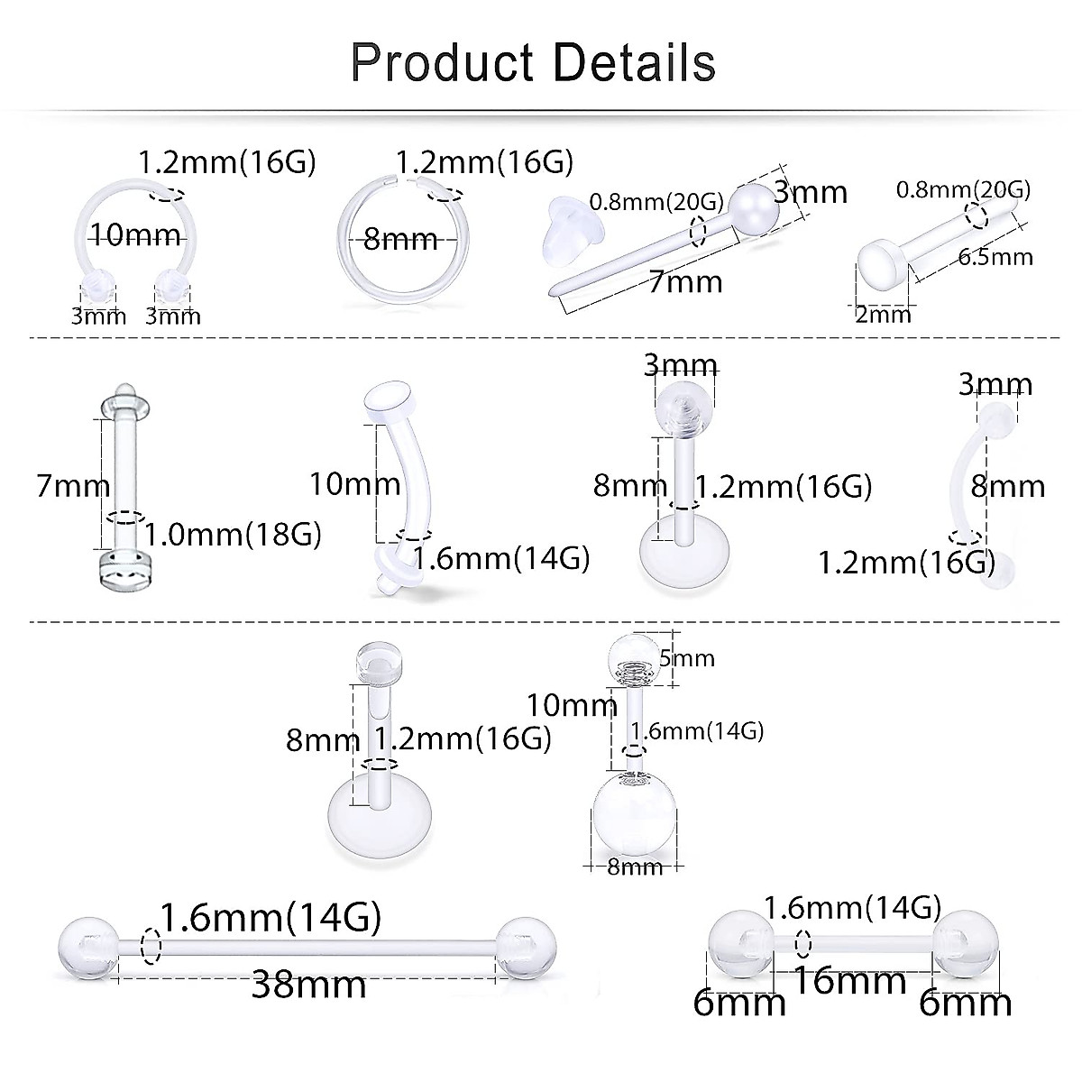 Cisyozi 16G Clear Plastic Nose Rings Stud Piercing jewelry Retainer Work Sport Surgery Silicone Lip Septum Eyebrow Belly Nipple Tongue Ring Cartilage Tragus Earrings Hoop Industrial Piercing Jewelry