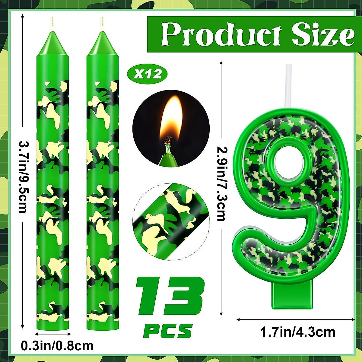Zomiboo 13 Pcs Camo Birthday Candles Army Theme Candles for Cake Green Number Candle Camouflage Cake Candles for Birthday Graduation Celebration Wedding Party Supplies Decoration (Number 9)