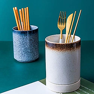 Organizer Box Silverware Ceramic Utensil Holder Shelf Rack Stand Countertop Kitchen Utensil Organizer Flatware Drying Basket for Forks Spoon Chopsticks Blue Utensils