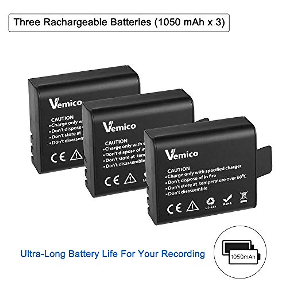 Vemico Action Camera Battery, 3x1050mAh Battery Rechargeable PG 1050 Battery for AKASO/Campark/APEMAN/DBPOWER/WiMiUS/AKASO EK7000/Brave 4/SJ4000 with Dual Battery Charger Kit