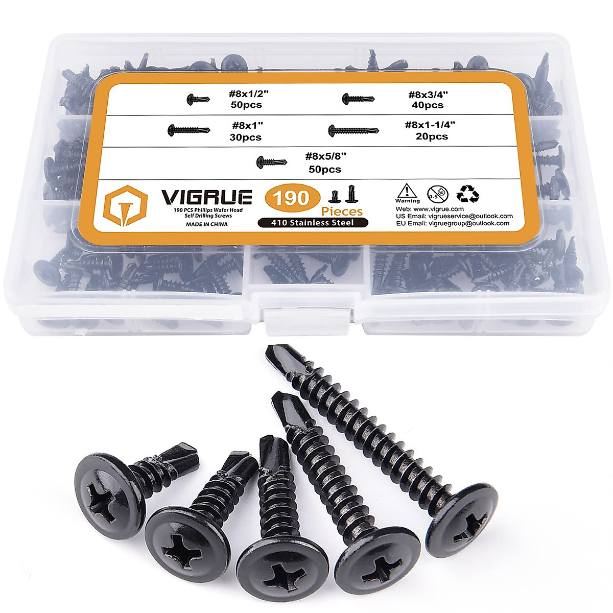 410 Stainless Steel Sheet Metal Screws Assortment Kit, #8 x 1/2'' to 1-1/2'' Assorted Modified Truss Head Black Self Tapping Screws for Metal, Plastic, Aluminum, 190Pcs Self Drilling Screws
