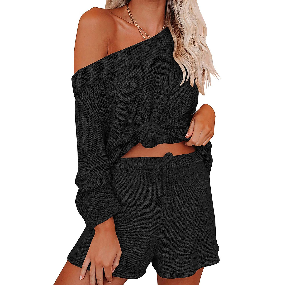 Mafulus Women's 2 Piece Outfits Sweater Sets Off Shoulder Knit Top Shorts Matching Suits Cute Pajama Lounge Set