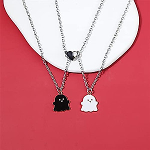 2Pcs Lovely Magnetic Love Heart Ghost Pendant Necklace Set for Women Men Friend Girl Boy Teen Enamel Mutual Attract Magnet Couple Matching Necklace Halloween Jewelry Birthday BFF Gift-A black white