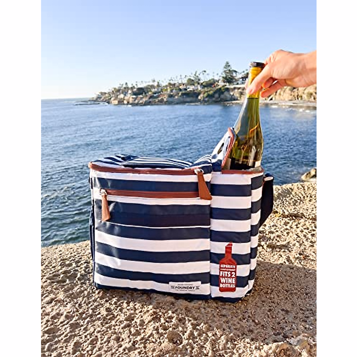Foundry by Fit + Fresh, Brooks Dual-Compartment Insulated Cooler Bag with Wine Cooler Compartment, Food & Beverage Beach Bag, Picnic Basket, Perfect for Tailgating & Camping Accessories, Navy Stripe