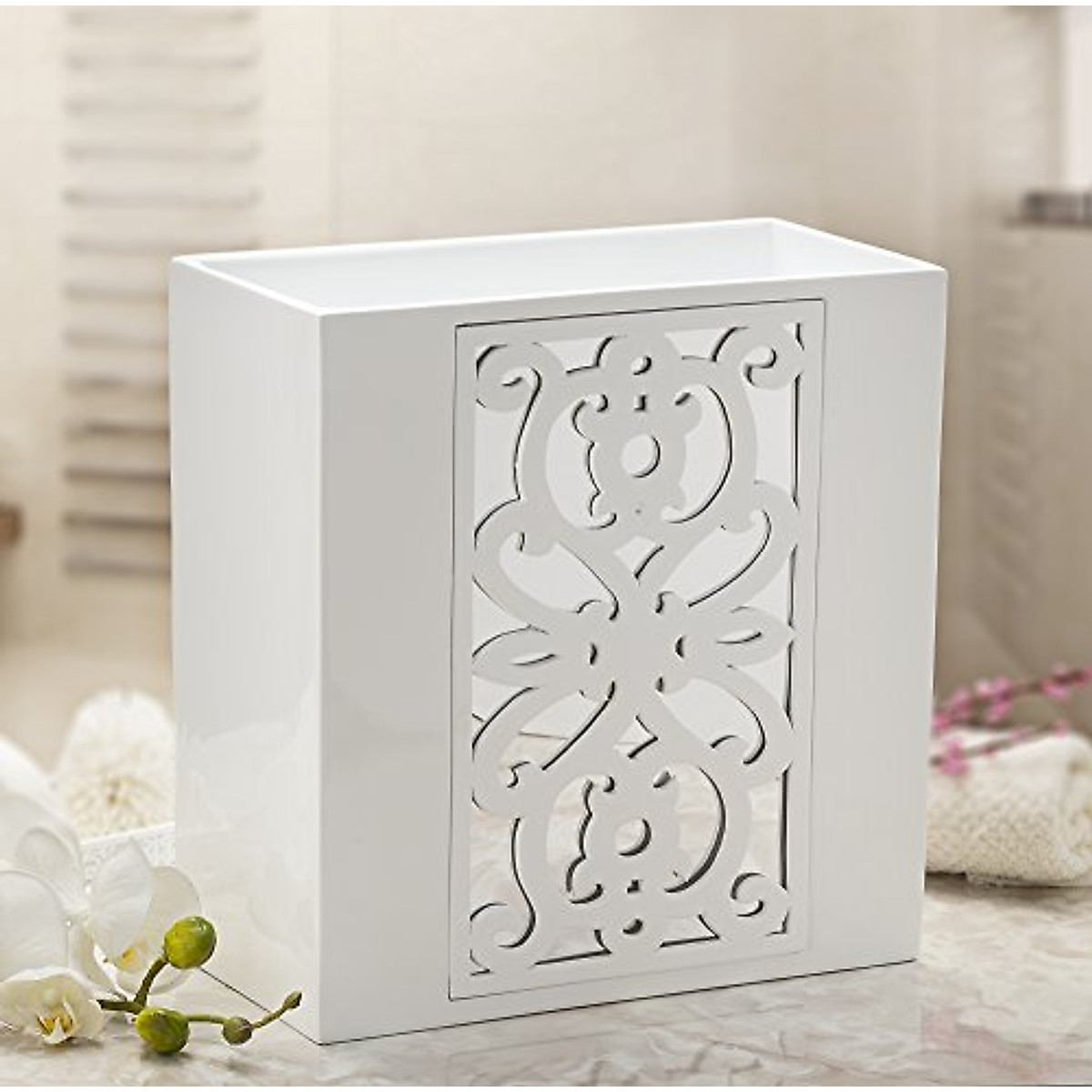 Creative Scents White Bathroom Accessories Set Complete - 6 Piece Bathroom Set Includes: Soap Dispenser, Toothbrush Holder, Tumbler Cup, Soap Dish, Tissue Cover, and Wastebasket Mirror Janette Style