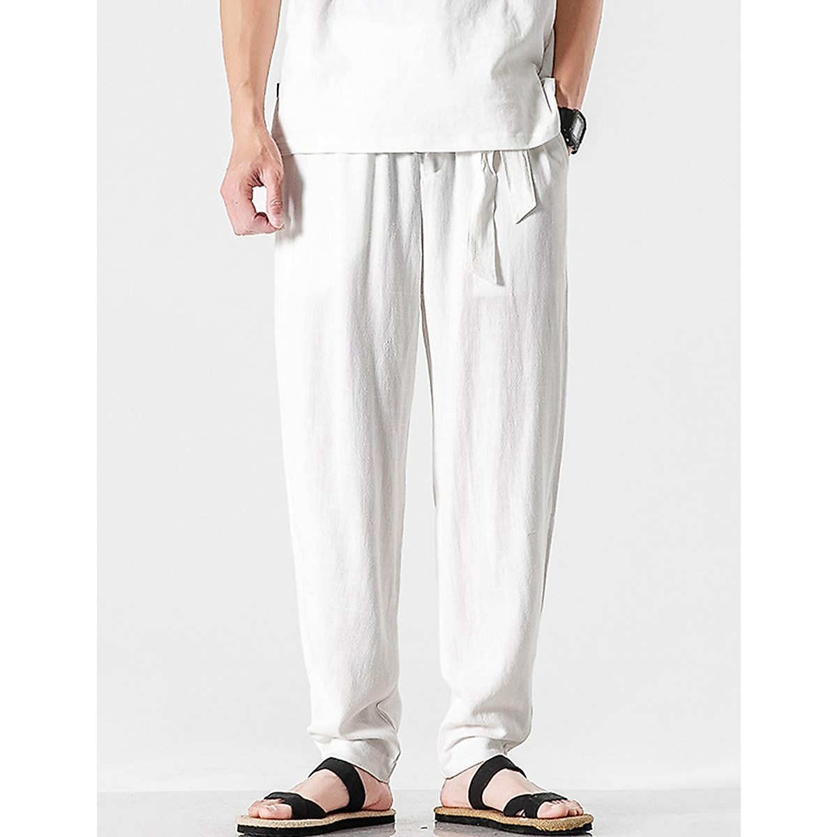 HangNiFang Mens Cotton Linen Elastic Waistband Tapered Cuffed Pocketed Pants (0141-White-XL)