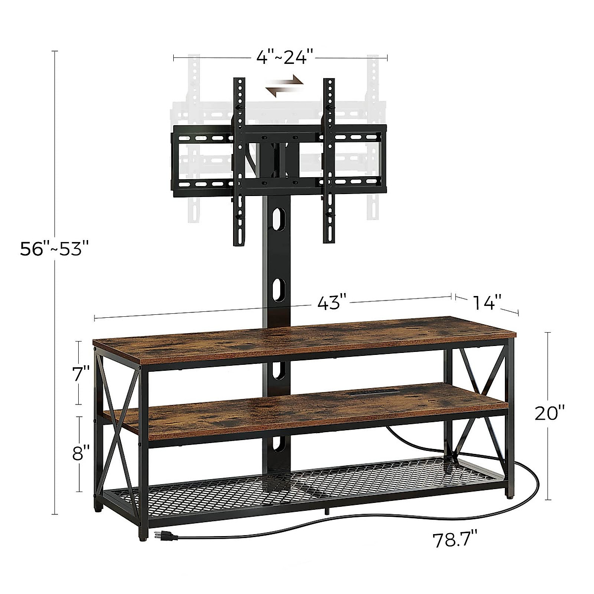 Seventable TV Stand with Mount and Power Outlet 43", Swivel TV Stand Mount for 32/45/55/60/65/70 inch TVs, Height Adjustable TV Entertainment Center with Cable Management, Rustic Brown