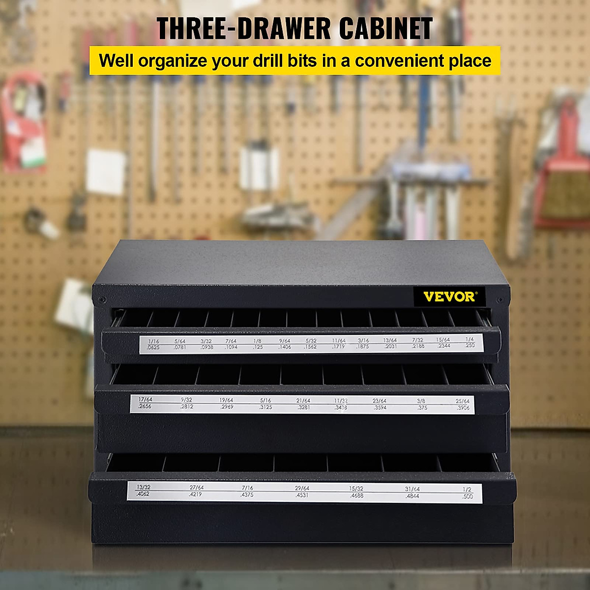 VEVOR Drill Bit Dispenser Cabinet, Three-Drawer Drill Bit Dispenser, Drill Bit Organizer Cabinet, Drill Dispenser Organizer Cabinet for Jobber Length Fractional Size 1/16" to 1/2" in 1/64" Increments