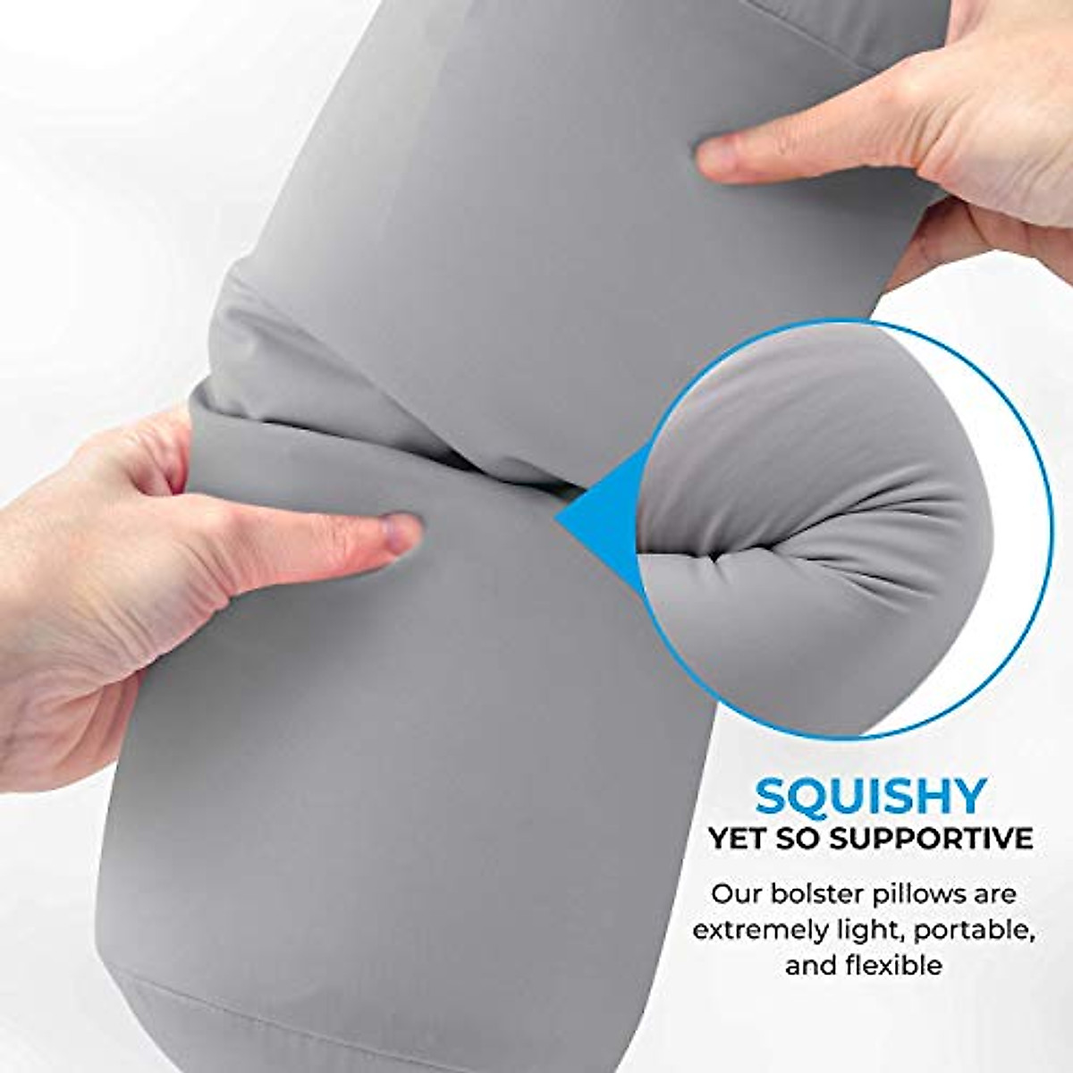 Squishy Deluxe Tube Microbead Bolster Pillow with Stay-Cool Fill & Silky Removable Cover, Flexible, Head, Neck & Back Support for Home & Away, Carrying Case, 13 x 6 inches, Grey