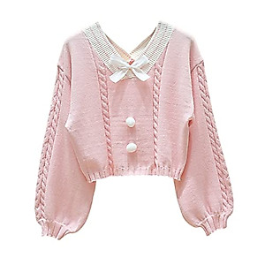 Cuteighteen Cute Sweaters for Women Cable Knit V Neck Cropped Loose Sweater Pullover Long Sleeve Top with Bow (Pink)