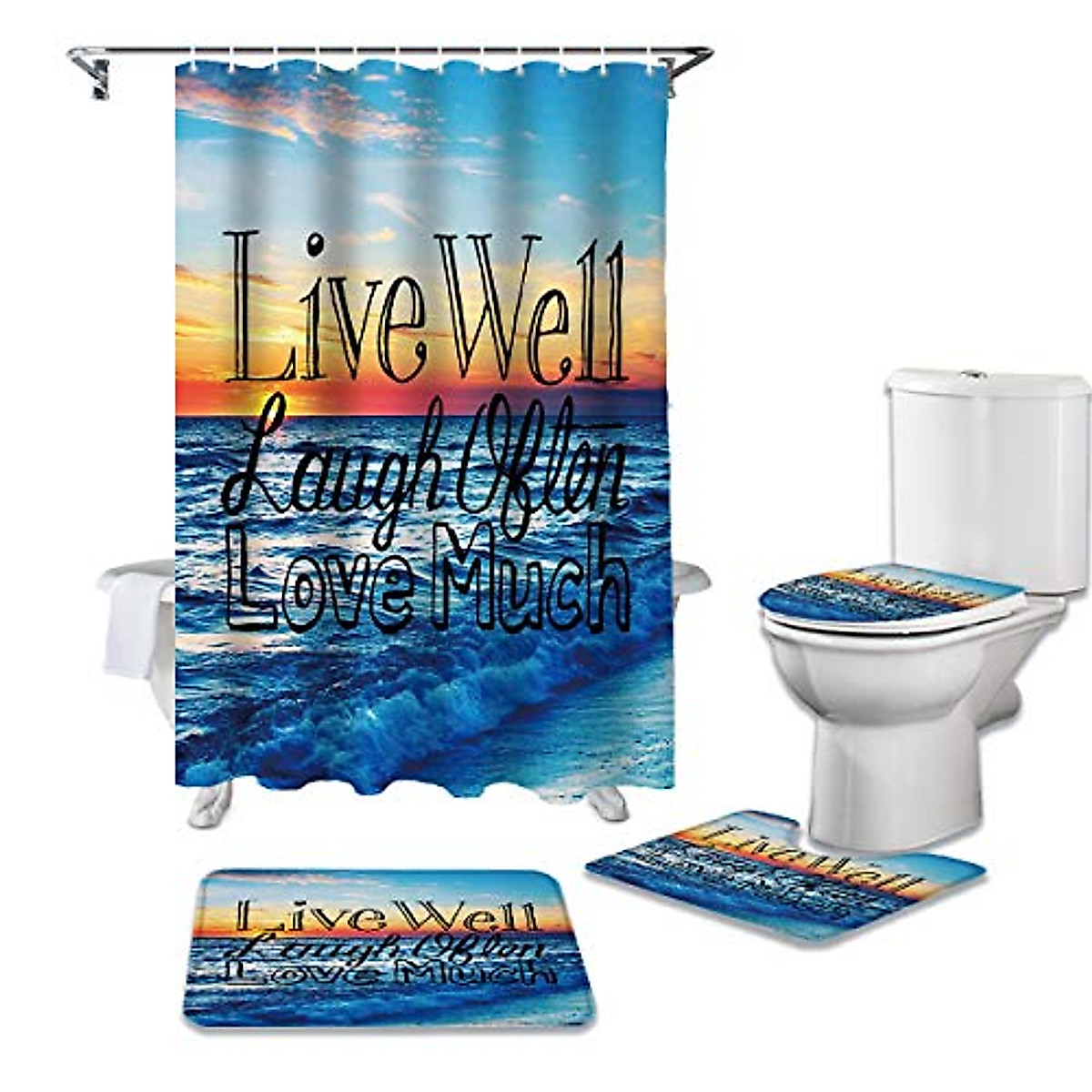 4 Pcs Shower Curtain Sets with Rugs Live Well Laugh Often Love Much Non-Slip Soft Toilet Lid Cover for Bathroom Beach Sunset Bathroom Sets with Bath Mat and 12 Hooks