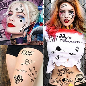 TASROI 5 Sheets Harley Quinn Tattoo Stickers For Women Men Adults, Fake Joker Harley Quinn Tattoos Suicide Squad Birds of Prey Temporary Tattoos Halloween Face Makeup, Harley Quinn Costume Accessories