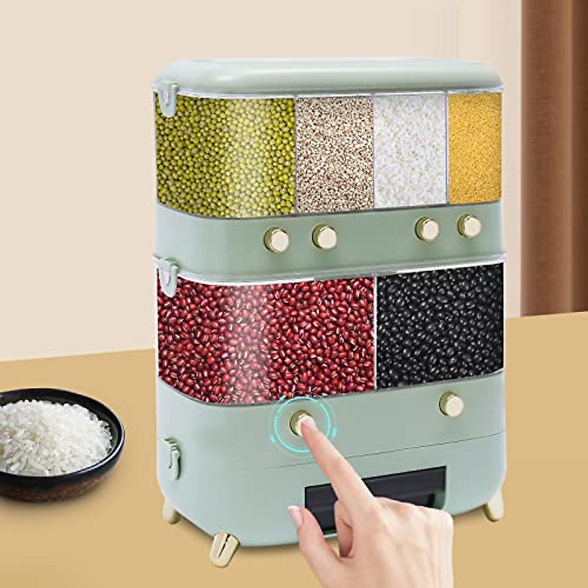 Eapmic Rice Dispenser with Cup,Wall-Mounted 6 Grid Dry Food Dispenser Rice Bucket Grains Storage Container Cereal Dispenser for Home and Kitchen (6Grid,2 Layers,Light Green)