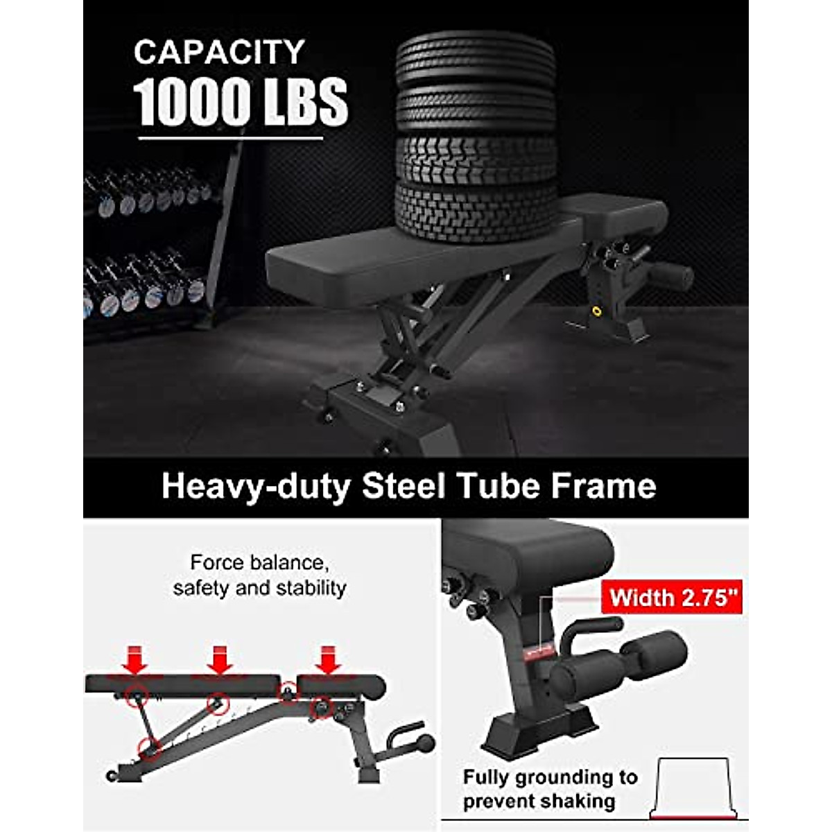 YOUTEN 1000 LB Weight Bench Heavy Capacity | 9-4-4 Almost 90° Adjustable Incline Decline Exercise Bench Press for Home Gym More Stable and Durable | Foldable Training Lifting Bench | Dragon Flag Handle for Abdominal Arm Workout
