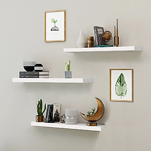 White Floating Shelves Set of 3,Wall Mounted Modern Wood White Floating Wall Shelves Storage Shelf for for Wall Decor, Bedroom, Living Room, Kitchen,Bathroom(White, Set of 3, 17in)