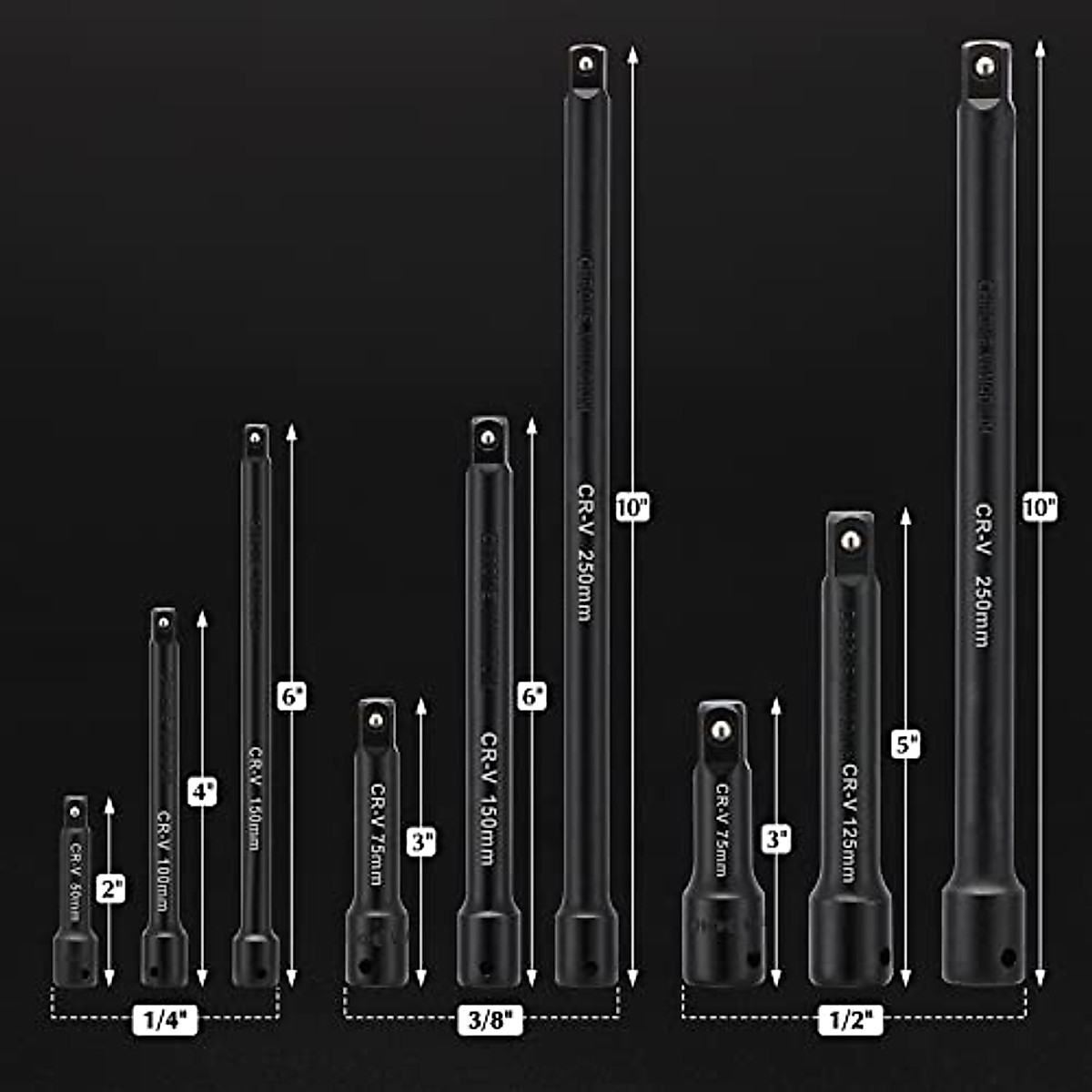 EMENTOL 9PCS Impact Extension Bar Set, 1/4", 3/8" and 1/2" Drive Socket Extension Set, CR-V Steel, Ext. bar