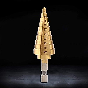 HSS Titanium Coated Step Drill Bit Set, 1/4" Hex Shank Quick Change Cone Bits Hole Expander for Wood and Metal, 10 Step Sizes from 4mm to 22mm