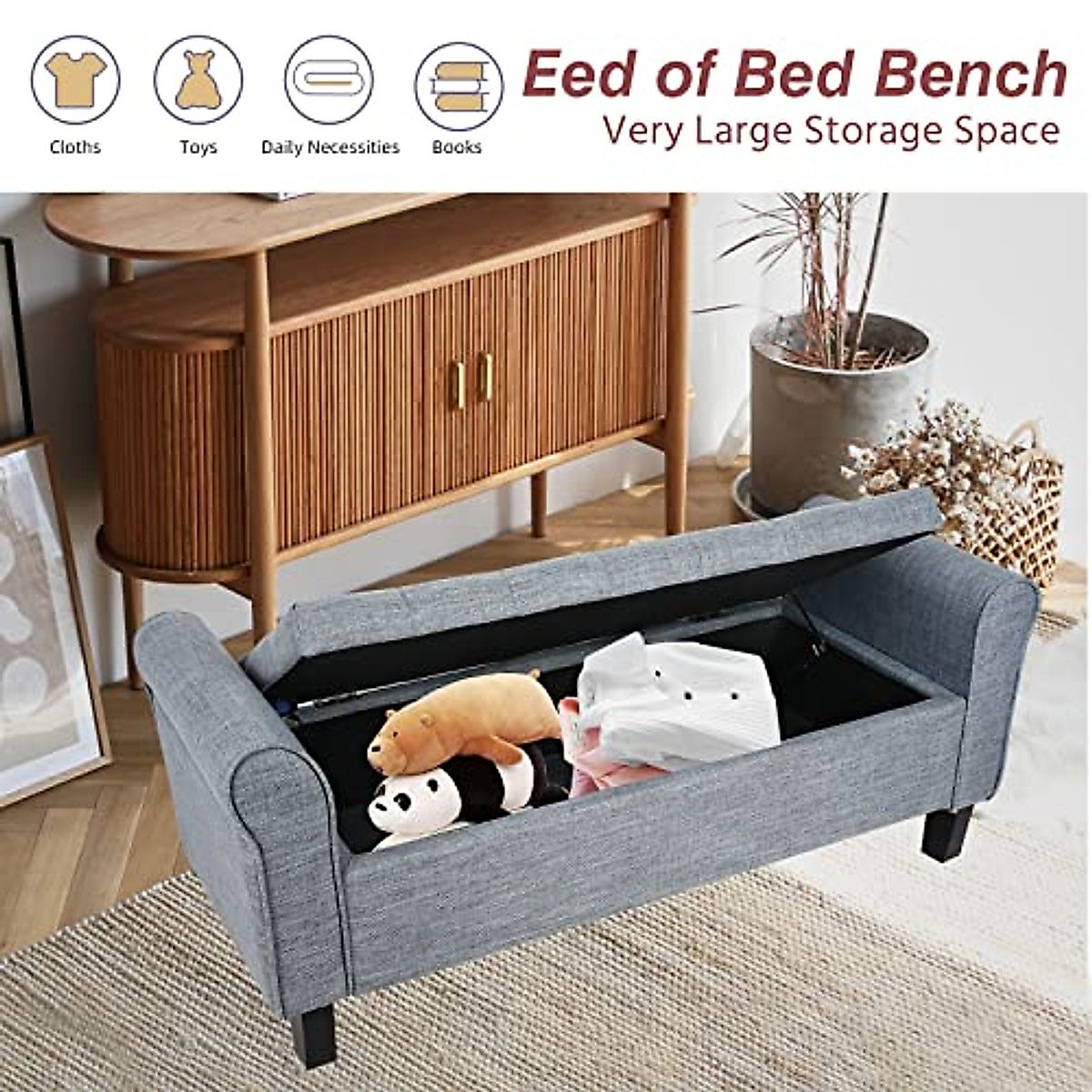 Babion Storage Bench for Bedroom End of Bed,Linen Ottoman Bench with Storage and Arms,Upholstered Fabric Storage Bench with Button Tufted,Large Storage Bench for Bedroom, Bench Linen Dark Gray