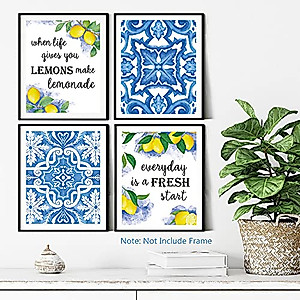 XUOIAYNB Blue Flower Pattern Lemon Art Print-- Mexican Tile Lemon Fruit with Inspirational Quote Canvas Wall Art--(8”X10”X6 pcs, Unframed)--Perfect for Kitchen Bedroom Decoration