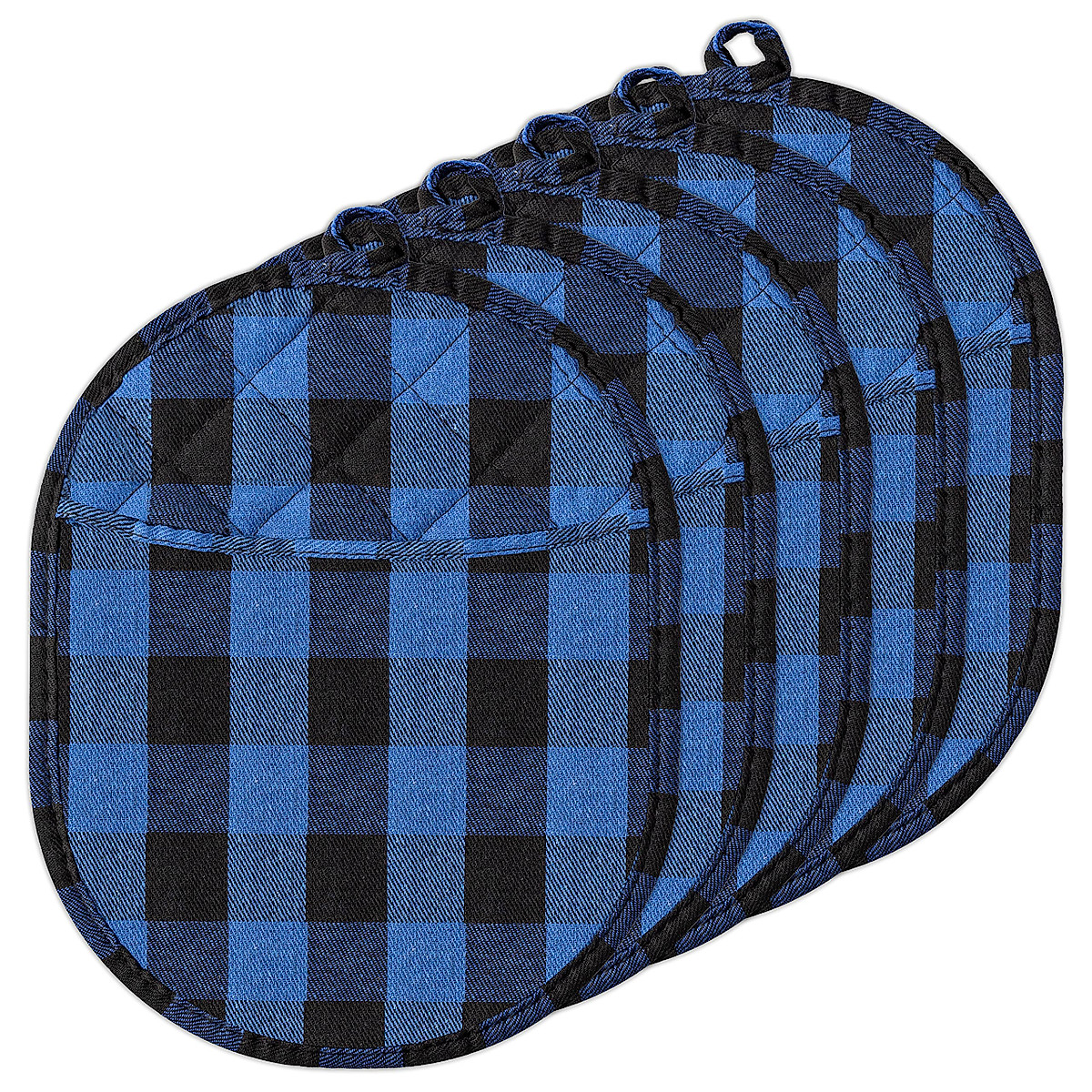 GROBRO7 5Pcs Pot Holder with Pockets Cotton Black and Blue Plaid Oval Potholder Machine Washable Oven Mitt Heat Resistant Hot Pad Multipurpose Potholders for Kitchen Baking Cooking Grilling 10 x 8 in