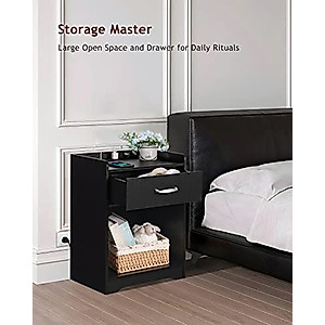 WEENFON Nightstands, Black Nightstand with Charging Station,Bedside Tables, End Table with Drawer, Open Space,Metal Handles, Large Storage,WFET16HN