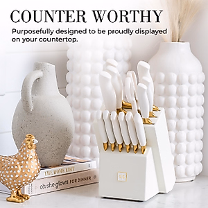 Gold Knife Set with Block Self Sharpening - 14 PC Luxurious Titanium Coated Gold and Off-White Kitchen Knife Set and White Knife Block with Sharpener, White and Gold Kitchen Accessories and Decor